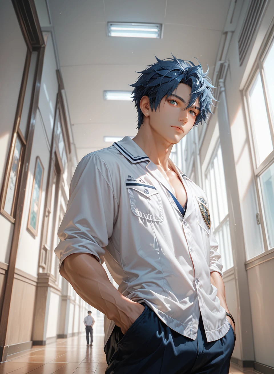 {{upper body from below, dutch angle}} 1boy, toned male, short dark ...