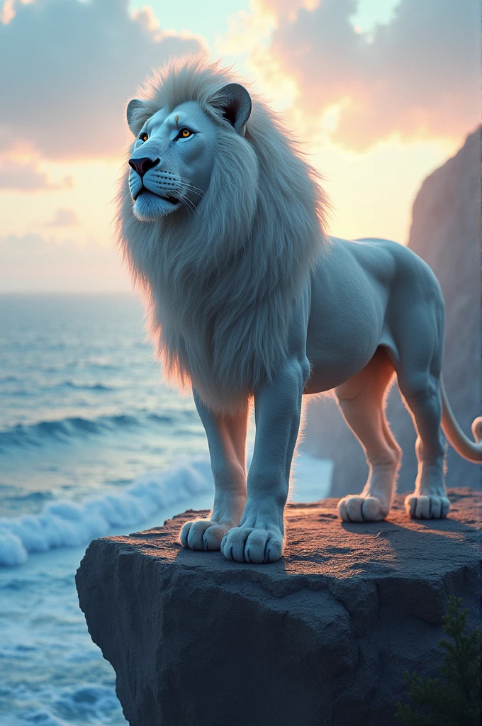 "A white lion with a magnificent mane roars triumphantly on a cliff ...