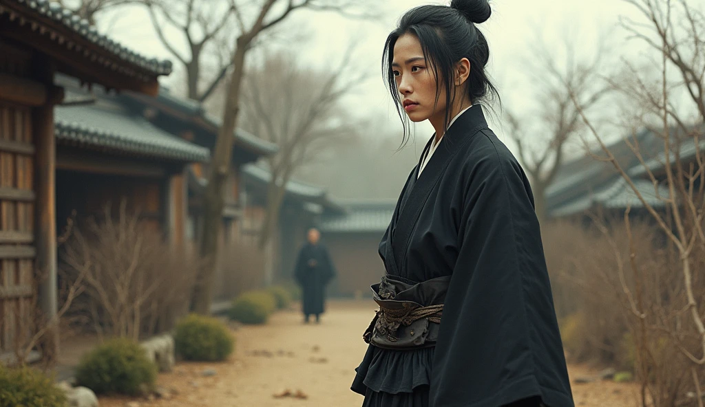 Japanese folk tales,A samurai wearing a black hakama is watching with a ...