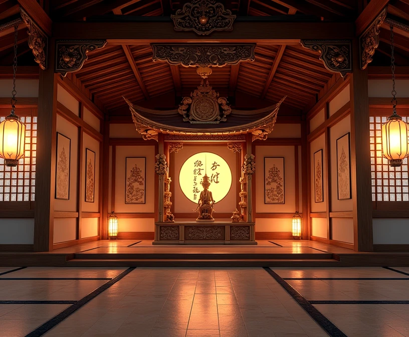A beautiful detailed japanese shrine interior, closed room, intricate ...