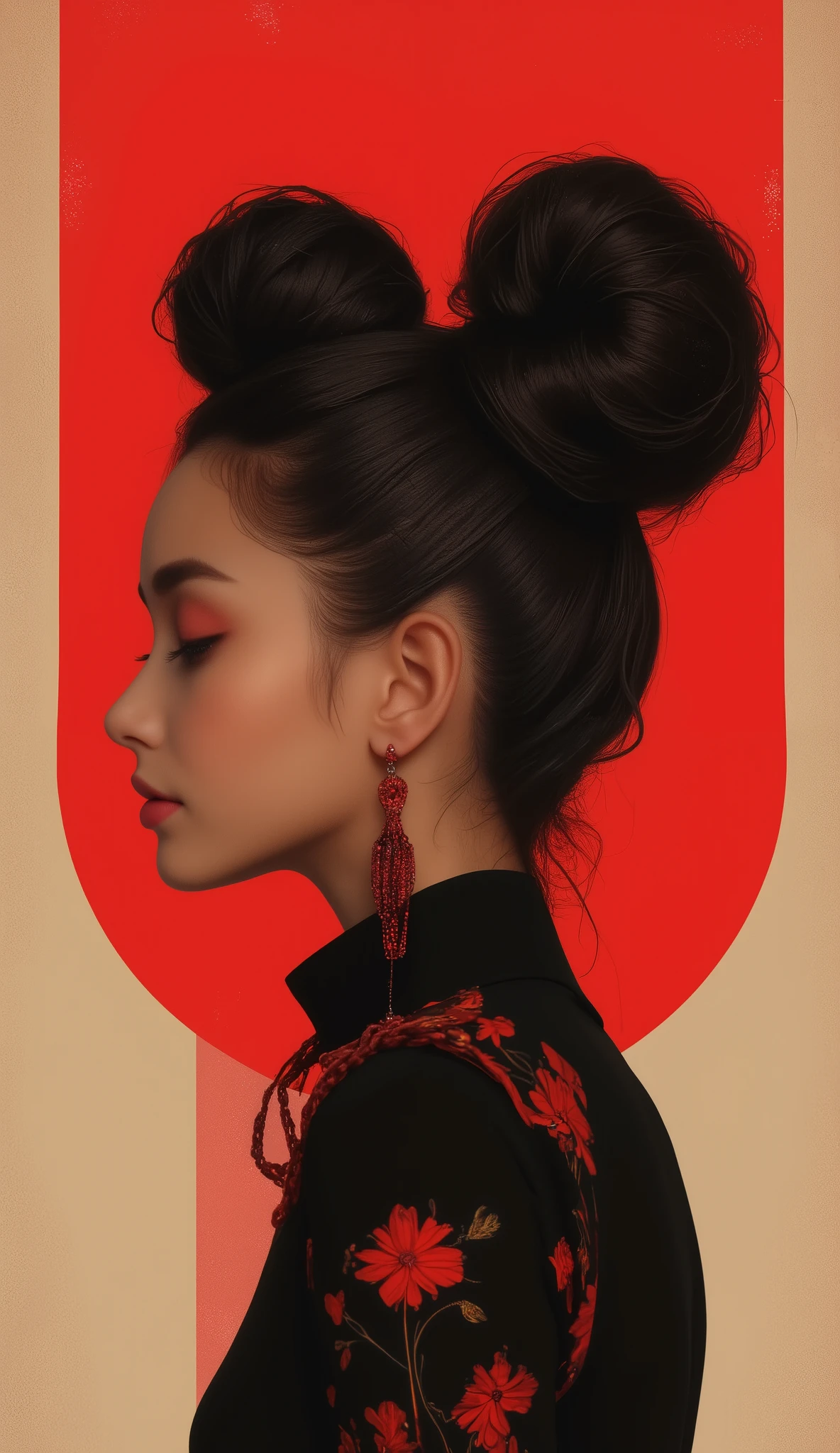 There is a woman with a bun with flowers on it - SeaArt AI