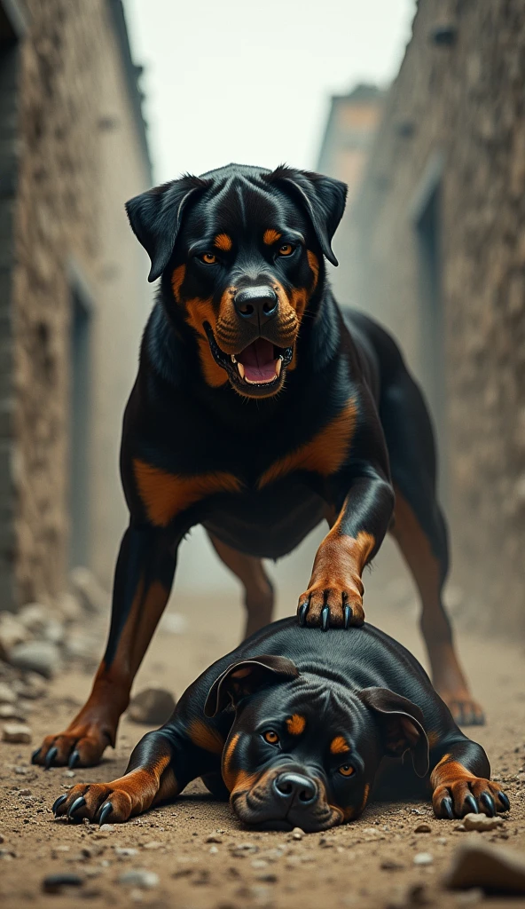 "A savage Rottweiler, muscular and menacing, stands triumphantly with ...