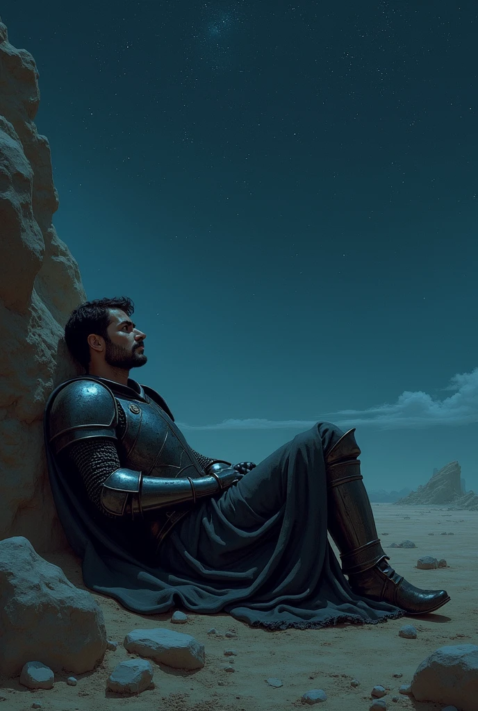 A dark knight lying down looking at the stars leaning on his back and ...