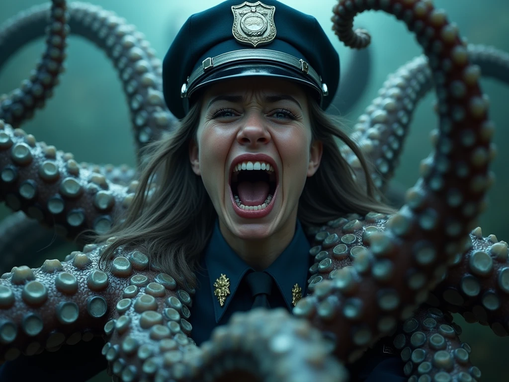Female policeman being swallowed up by a giant octopus She's screaming ...