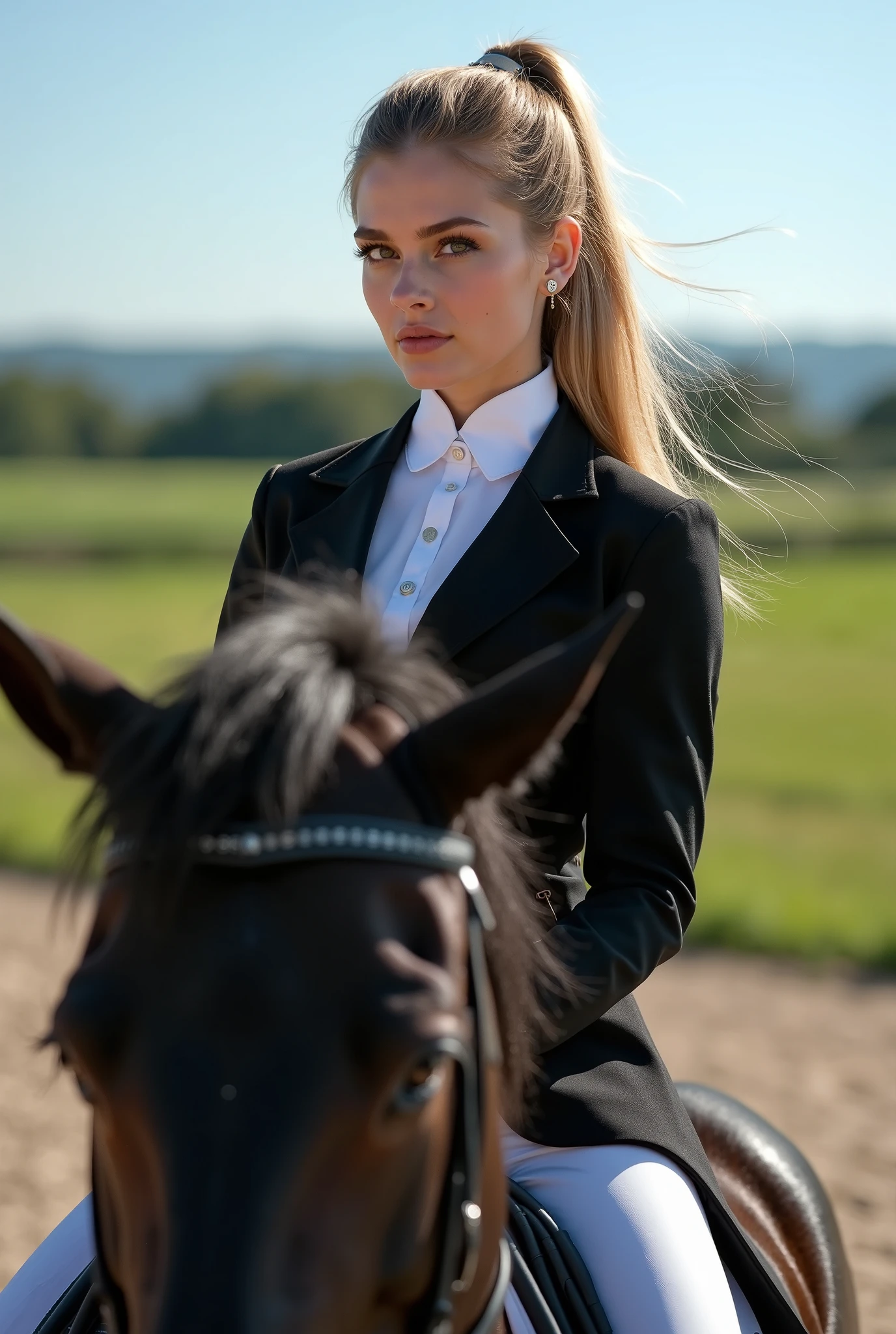 Blond woman in a black jacket riding a brown horse in a field - SeaArt AI
