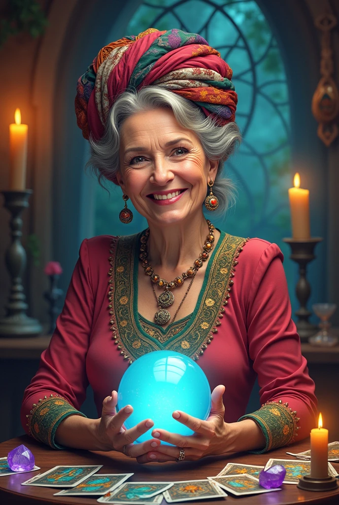 A middle aged woman with a mystical and playful appearance - SeaArt AI