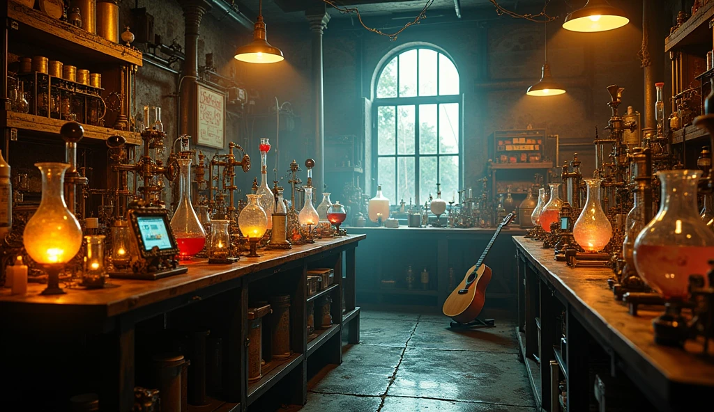 A laboratory with several flasks and electrical energy, Steampunk style ...