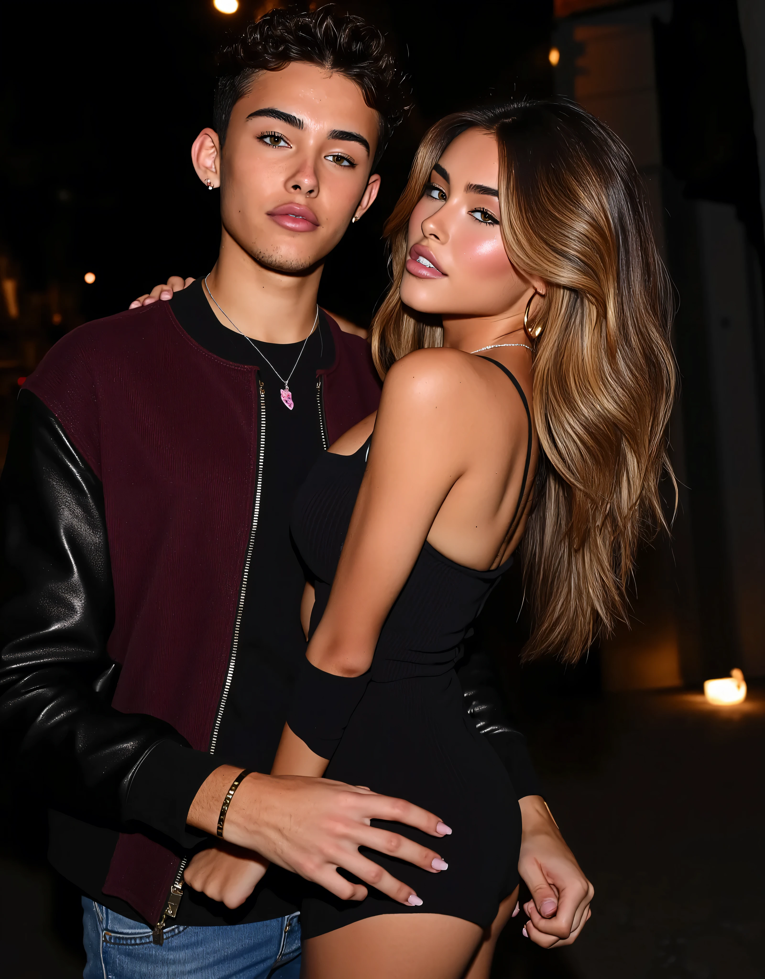 Araffed couple posing for a picture in a night club - SeaArt AI