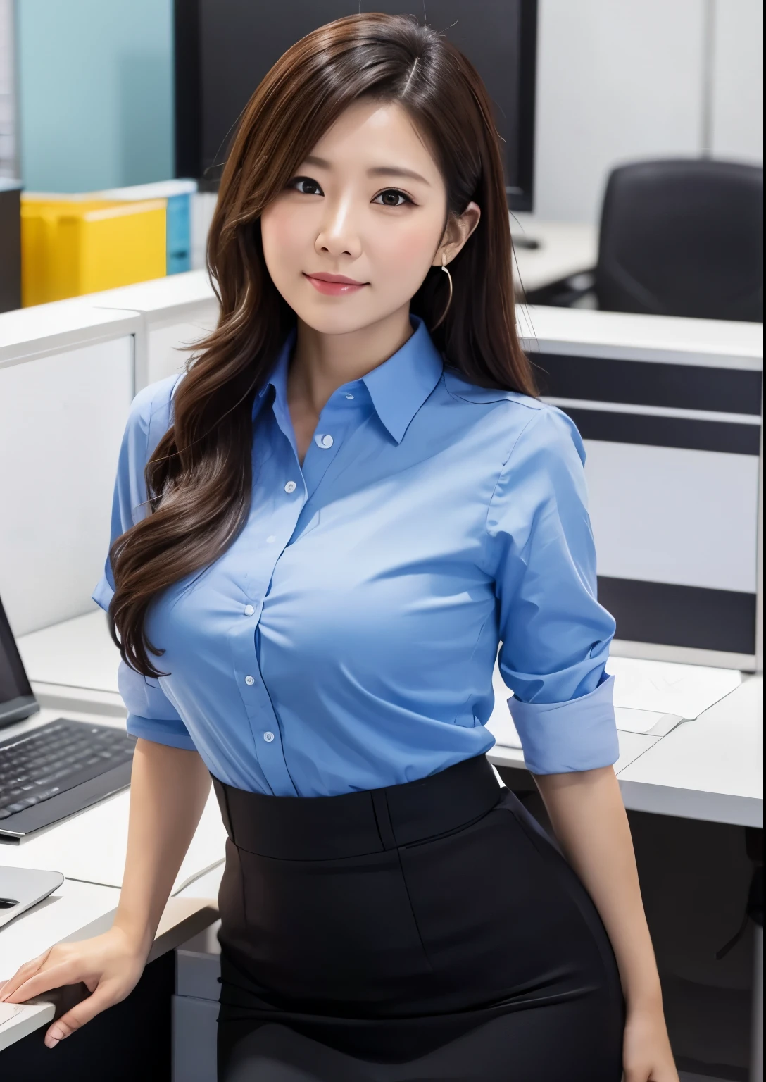 Arafed asian woman in a blue shirt and black skirt posing for a picture - SeaArt AI