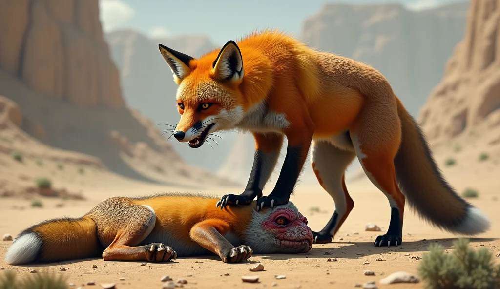 A dead red fox lying on the ground and a prehistoric red fox is ...