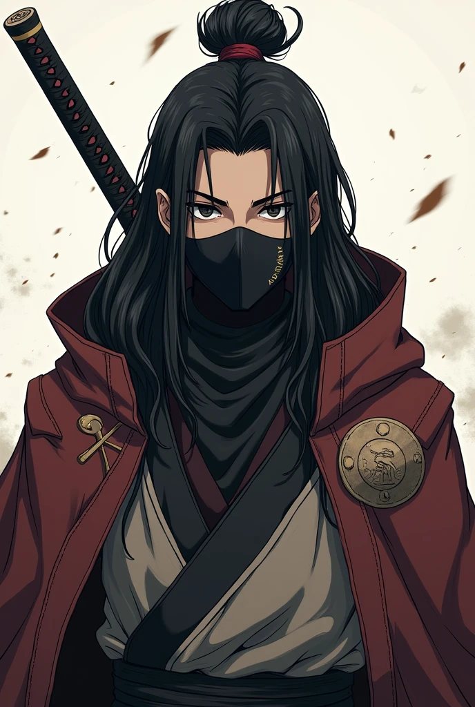 A man wearing an oni mask only up to the part of his nose and with two ...