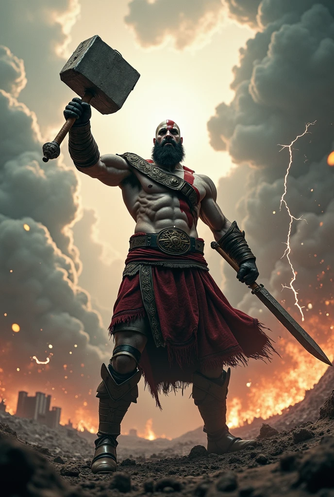 Kratos holding Mjolnir in one hand and Zeus's lightning bolt in the ...