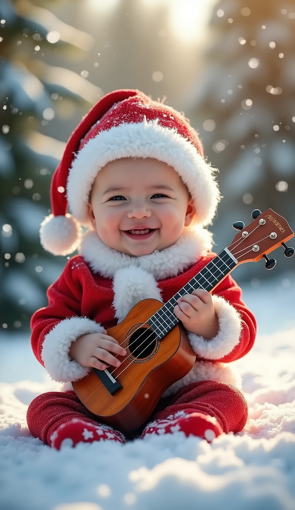 Arafed baby in santa outfit playing a ukulete in the snow - SeaArt AI