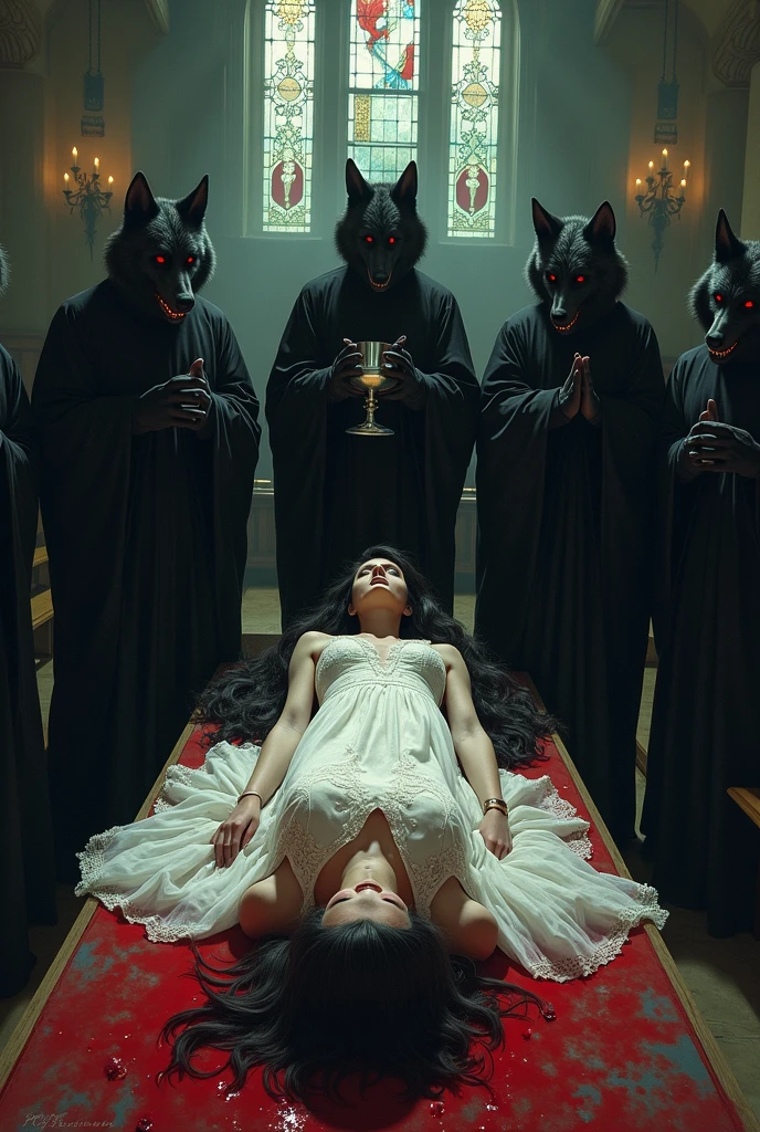 A white woman with blood in her wedding dress sleeping on an altar in ...