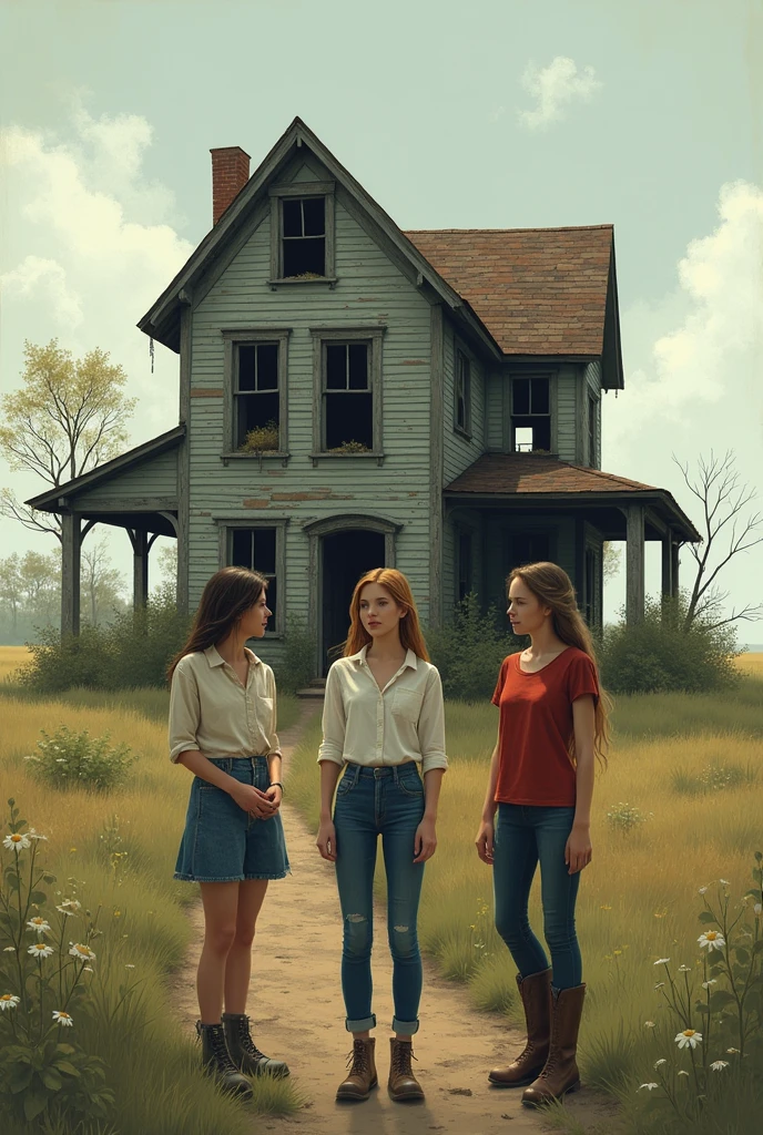 3 girls standing near a broken wooden house - SeaArt AI