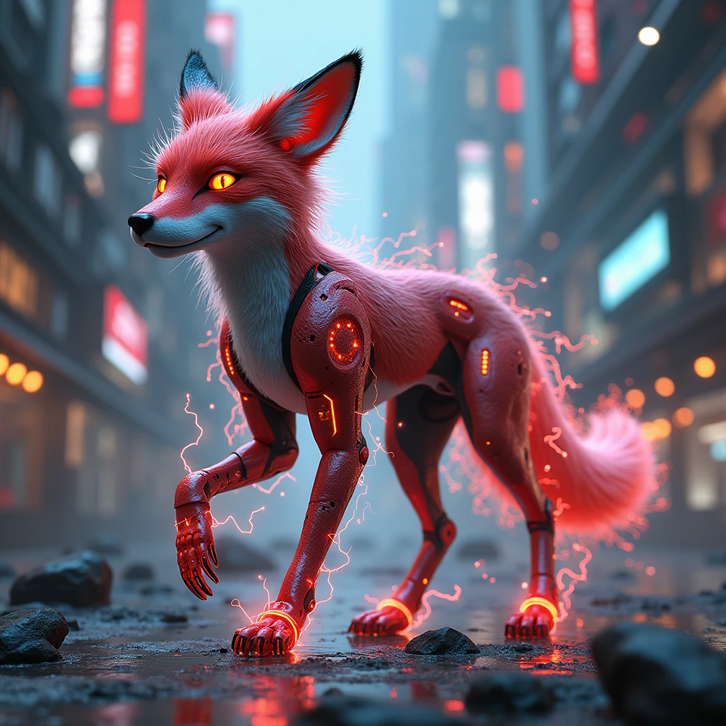 Fox,bio mechanical,red and White, cyberpunk, electricity - SeaArt AI