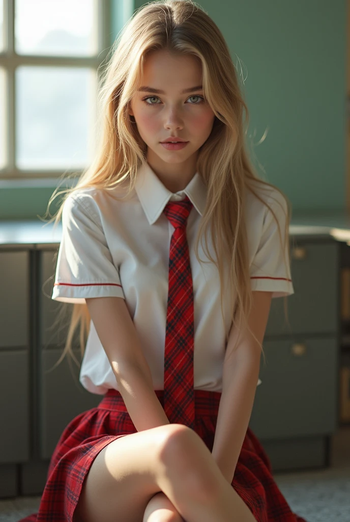 Hyperrealistic image , HD, Supermodel, teen, schoolgirl, sitting on a desk - SeaArt AI