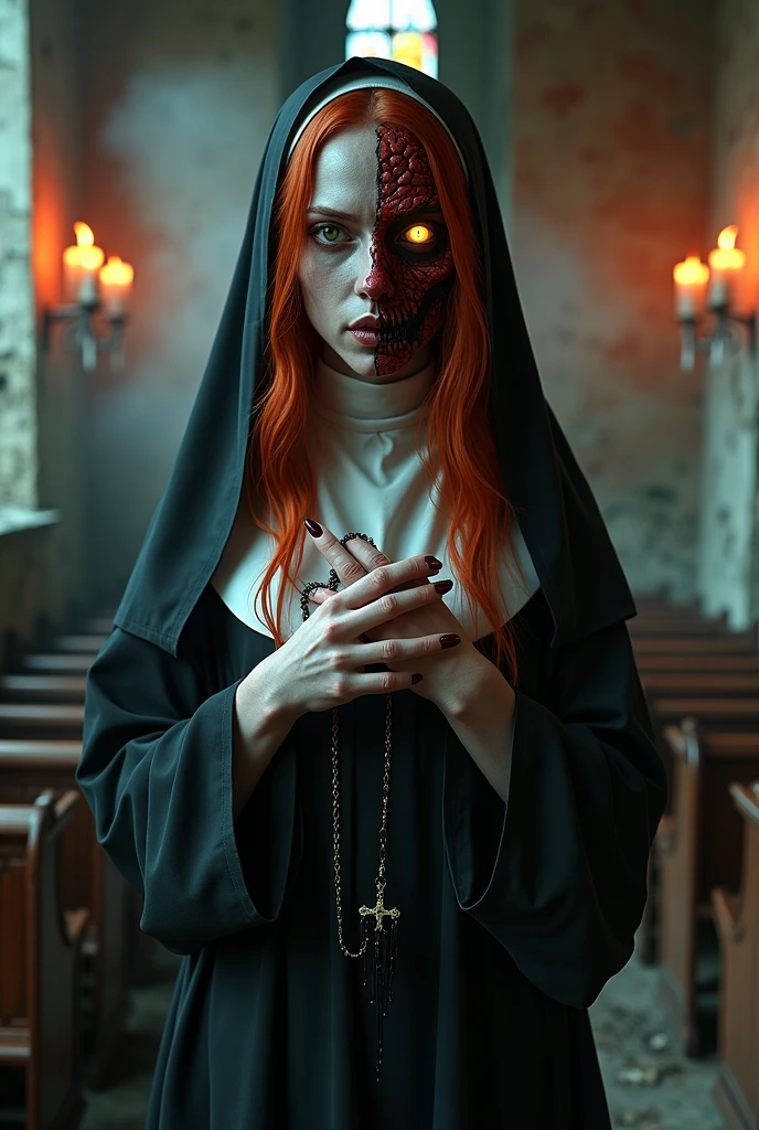 A corrupted nun possessed by a demon, captured in a highly detailed and ...