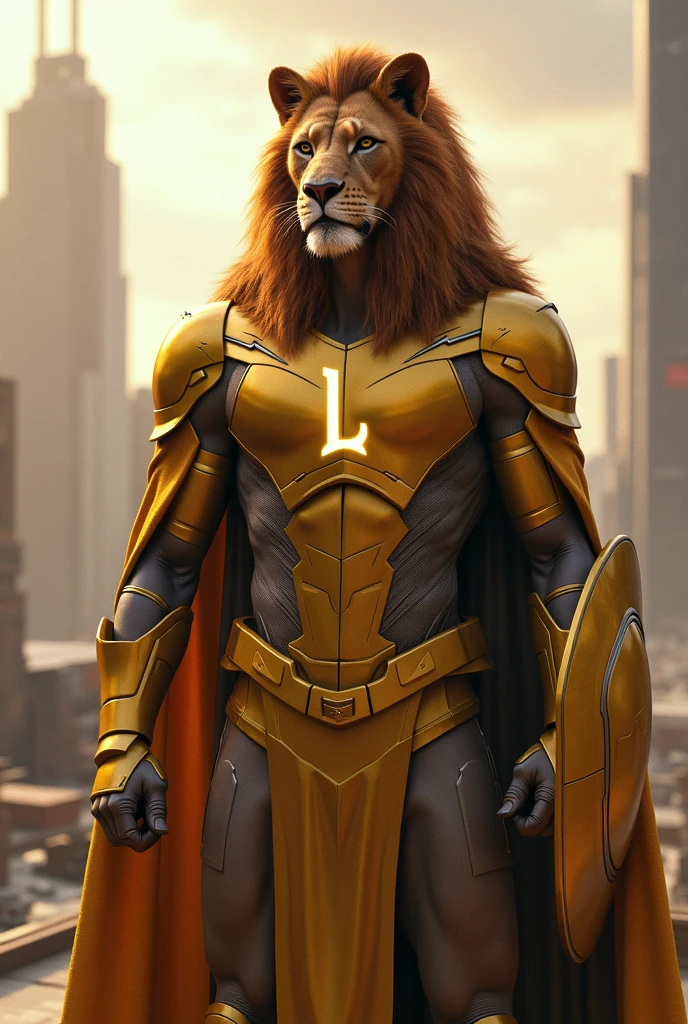 "A 20-year-old superhero with the head of a lion, wearing a golden cape ...