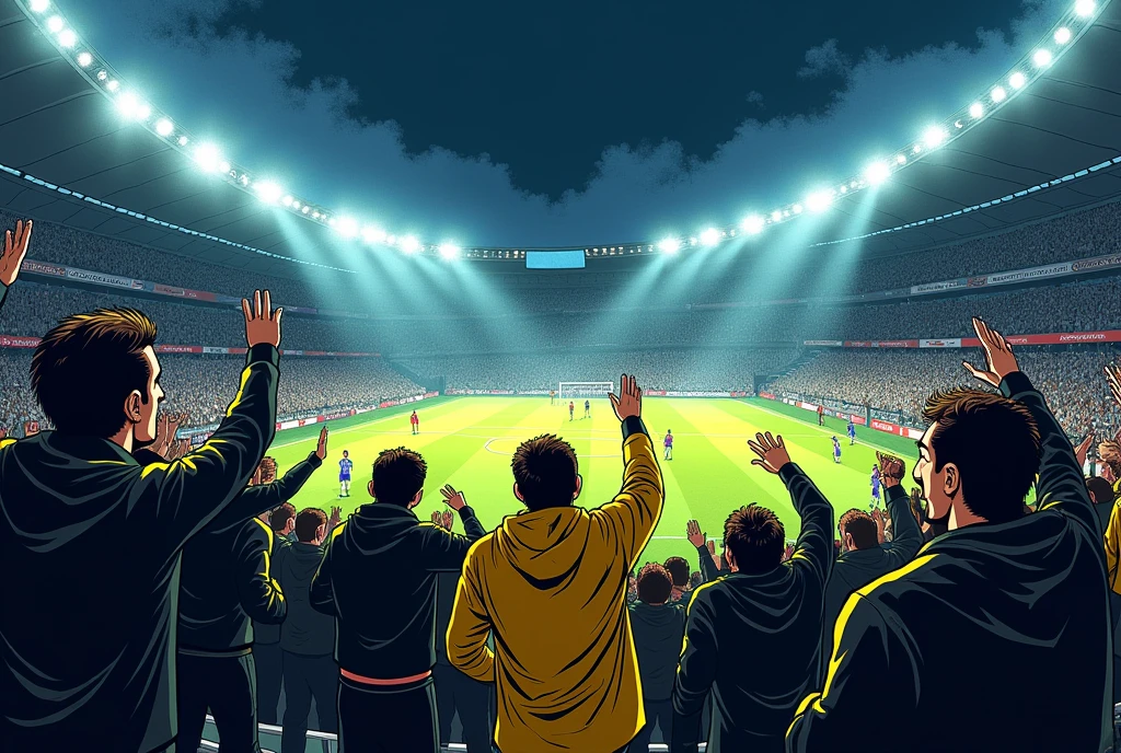 A drawing, comic style of a ((Night match )) ((( the fans are in the ...