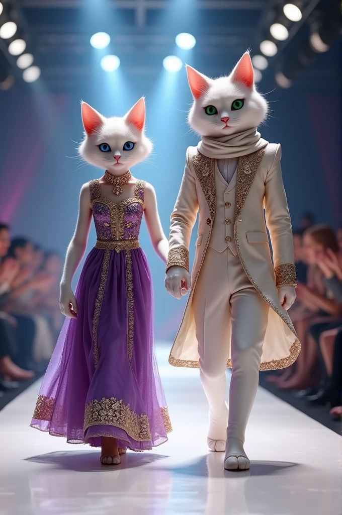 Two majestic white cats walking upright hand in hand on a glossy runway ...