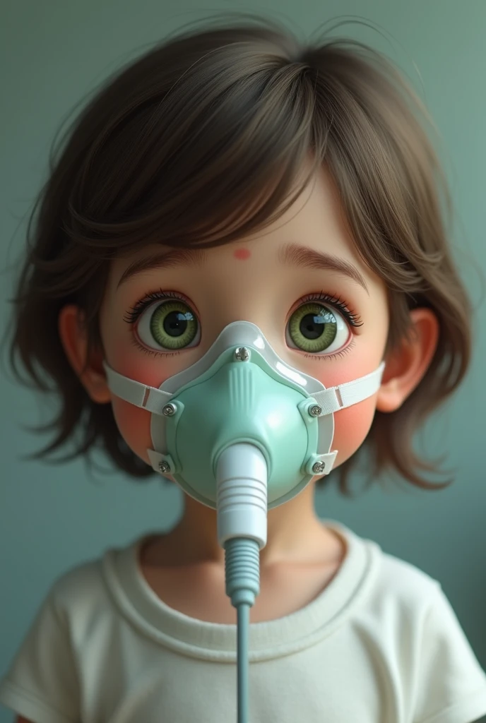 Fillette de 2 ans cheveux brun très courts, green eyes, with an oxygen ...