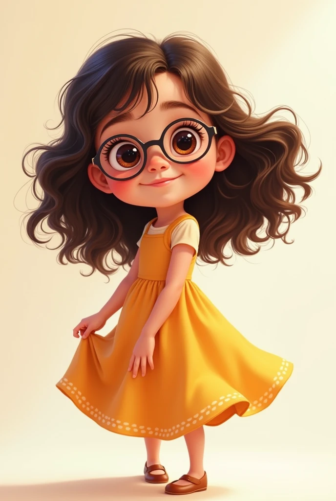 In Disney Pixar style, a cute girl, wavy hair wearing thin-framed ...