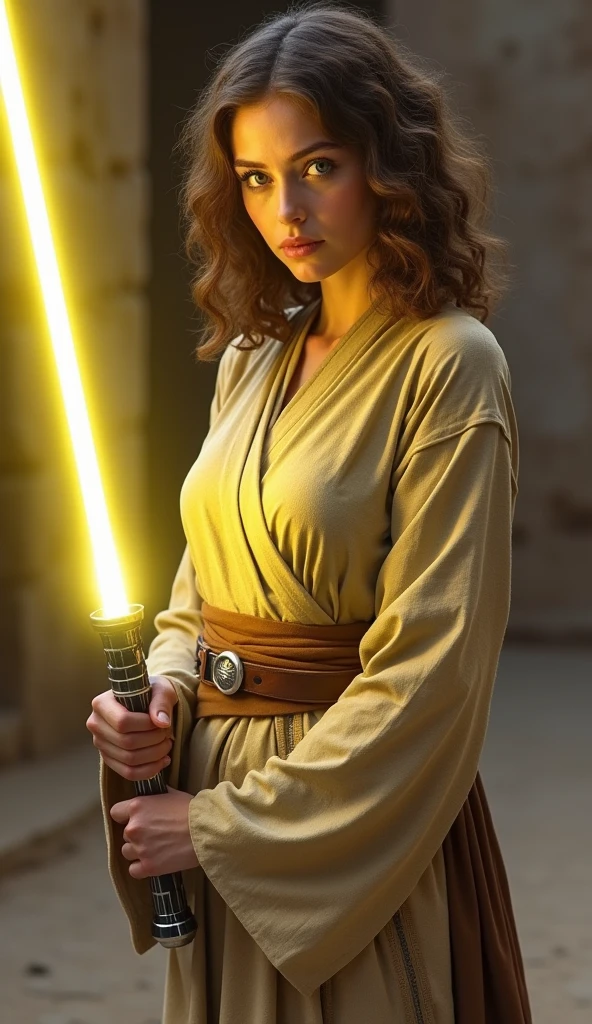 Blue eyes, light brunette curly, c cup breasts, tan jedi tunic - SeaArt AI