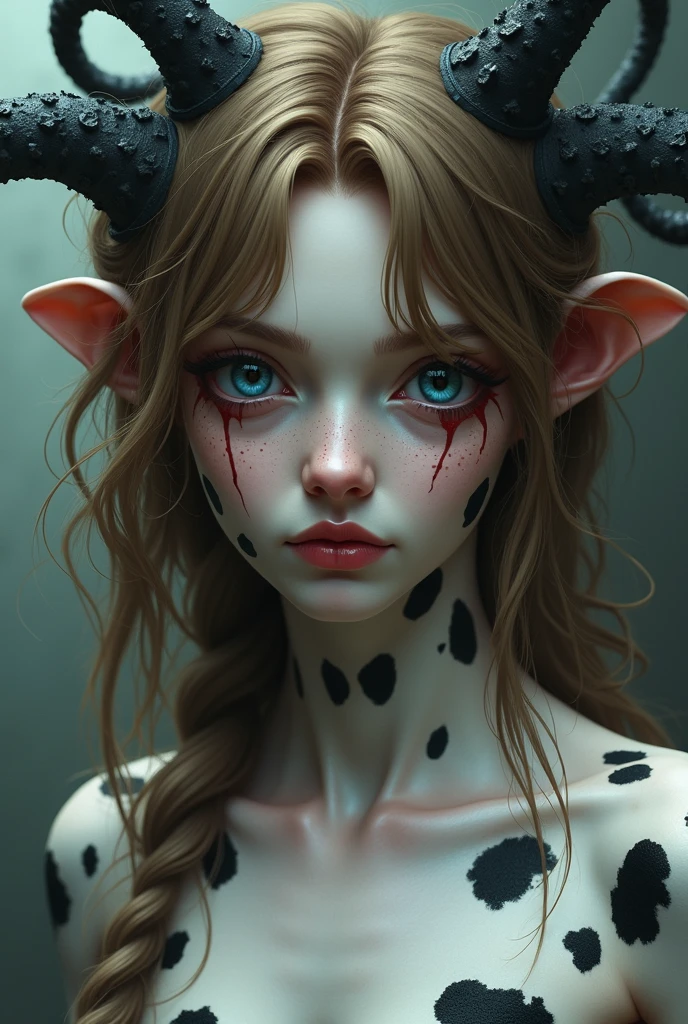 Girl is a demon cow, skin like a cow, white with black seyes - SeaArt AI