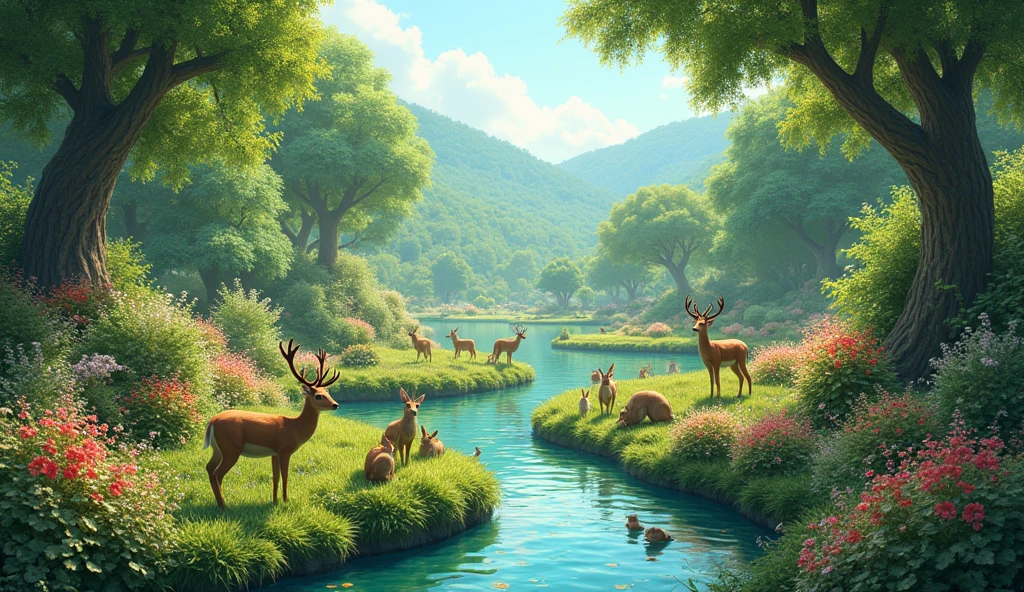 Artistic representation of a lush garden with animals and rivers ...