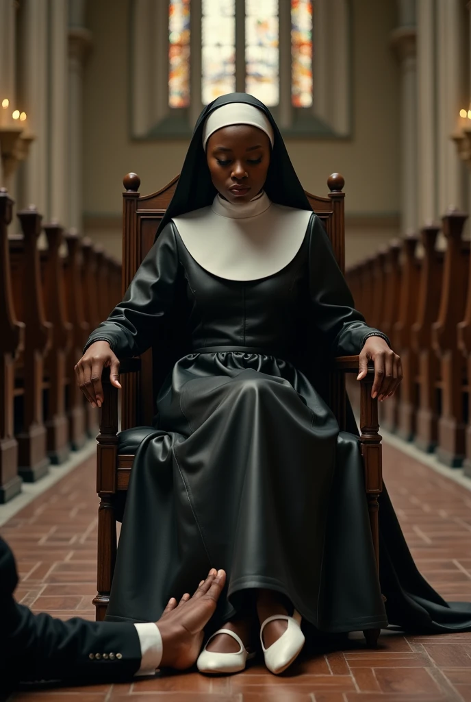 Beautiful, cruel, dark-skinned, photorealistic nun in a leather habit ...