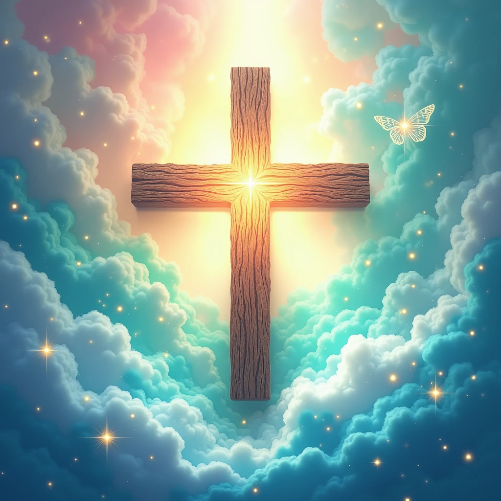 Create logo heavenly wood white and aqua cross in a colorful artwork ...