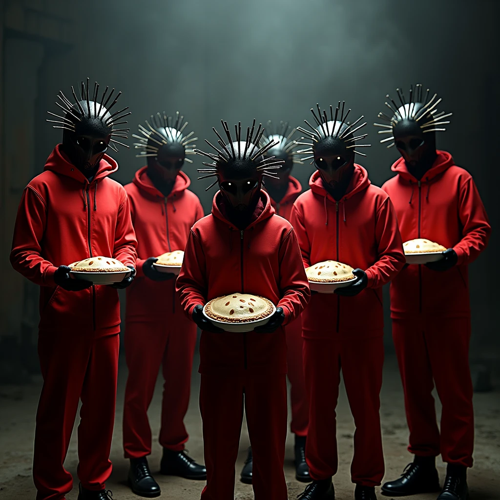 Seven masked figures in red jumpsuits with prickly helmets holding pies ...