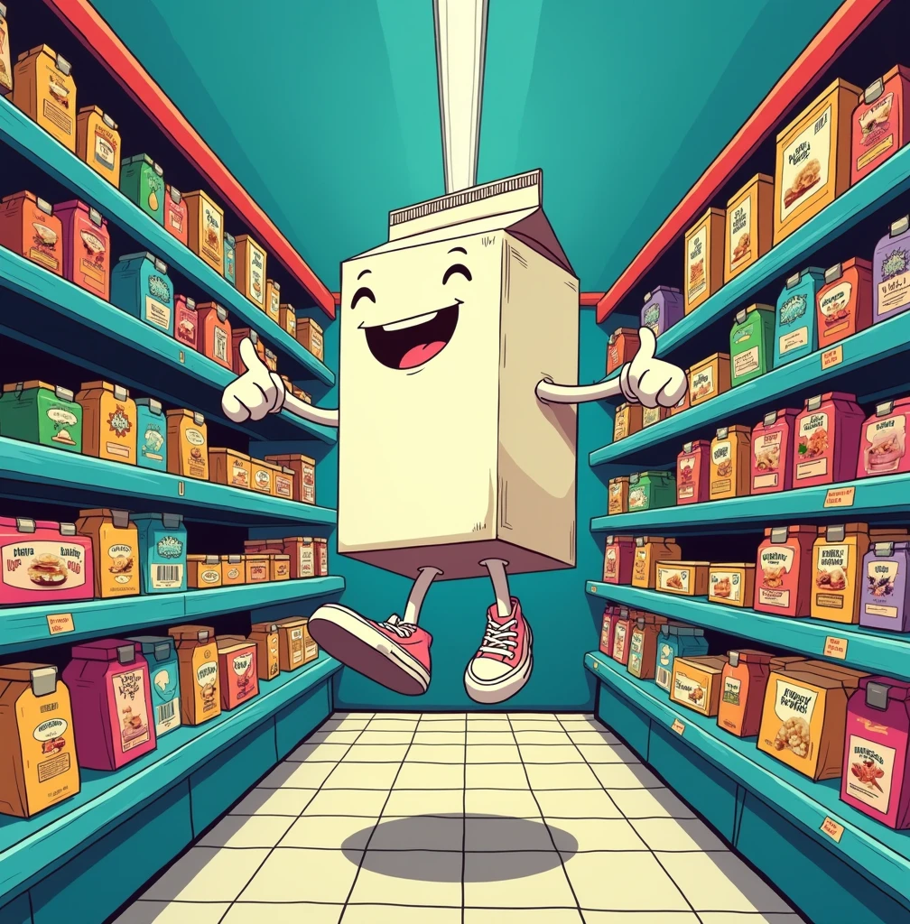 milk in a supermarket fridge isle, make it a 90's comic style - SeaArt AI