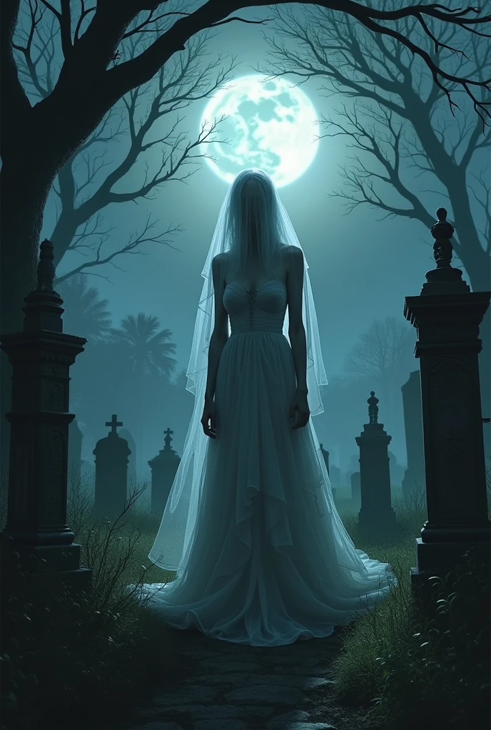 Spooky bride , creepy dress,wind,night, cemetery - SeaArt AI