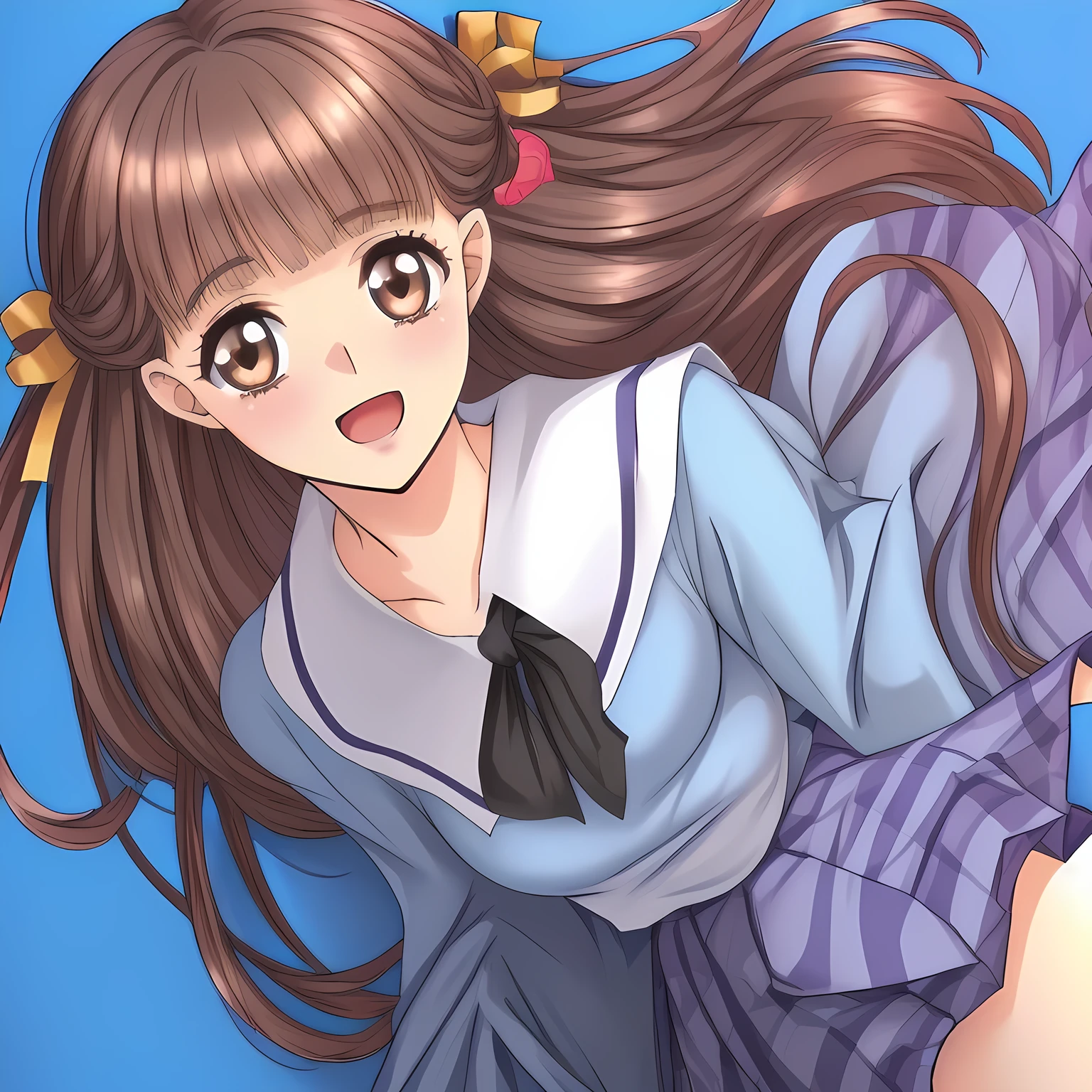 Anime girl with long brown hair and a blue shirt and tie - SeaArt AI