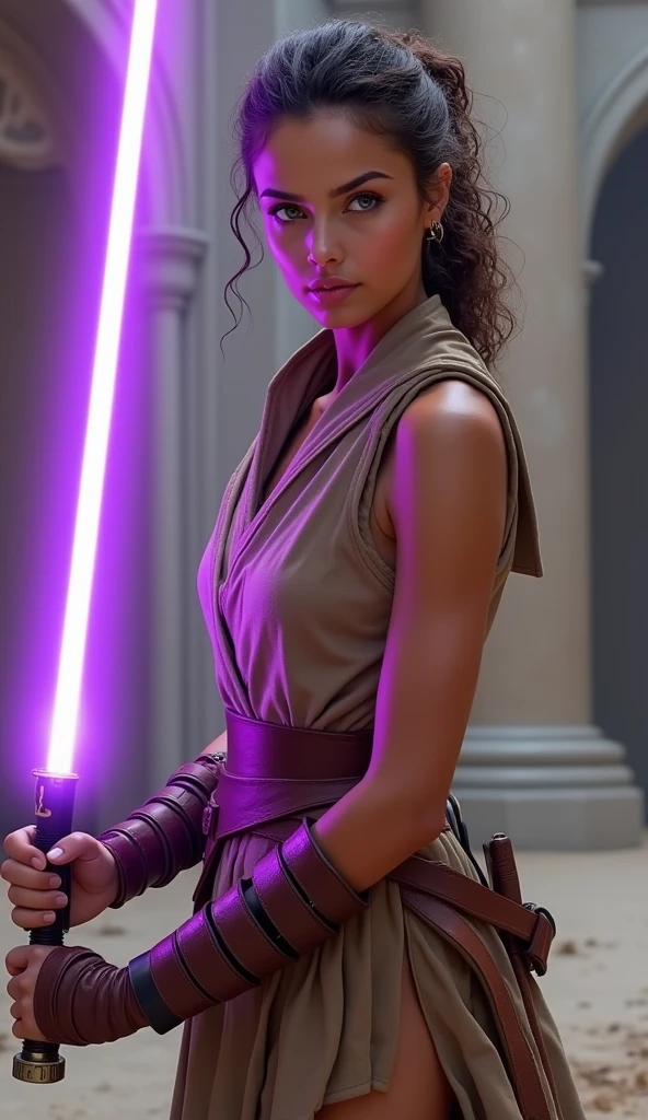 Blue eyes, tan skin, light brunette curly hair partially tied back ...