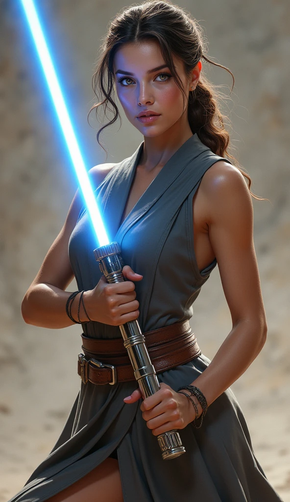 Blue eyes, tan skin, light brunette curly hair partially tied back ...