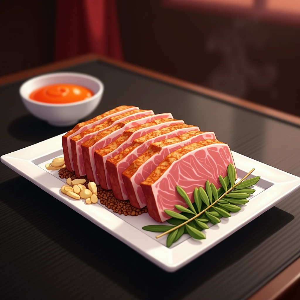 Animation-style illustration of a premium sliced barbecue dish placed ...