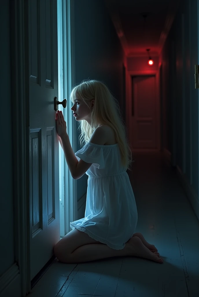 In A Dark Hallway A Blonde Girl With Long Hair She Looks Into The Hole