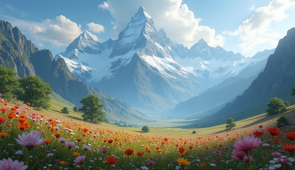 Tall mountains seen from a flowery valley, symbolizing God's lofty plans compare - SeaArt AI