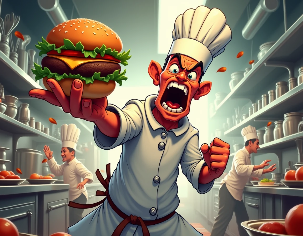 An animated chef like SpongeBob with an angry look holding a hamburger ...