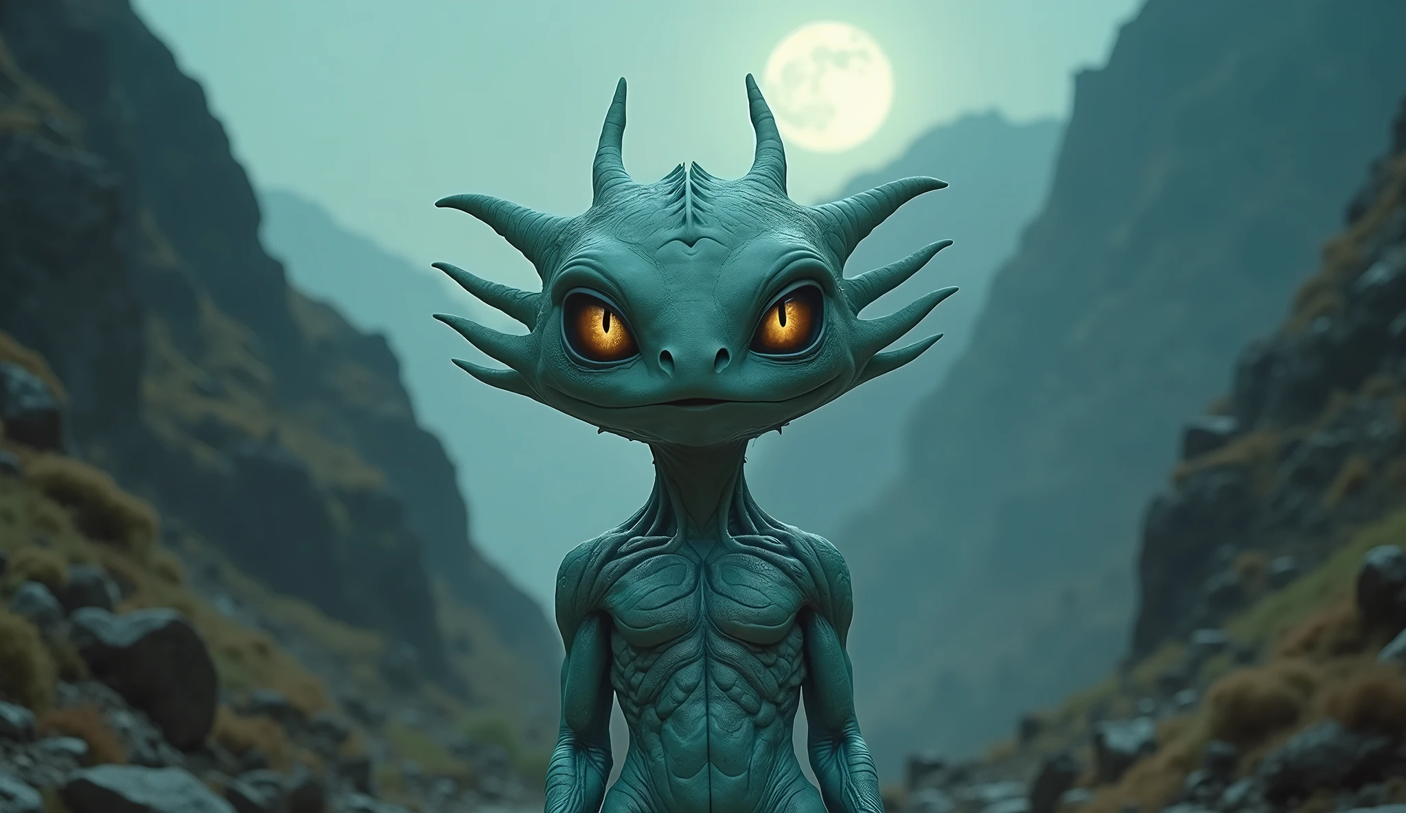 There is a very strange alien with big eyes standing in the mountains ...