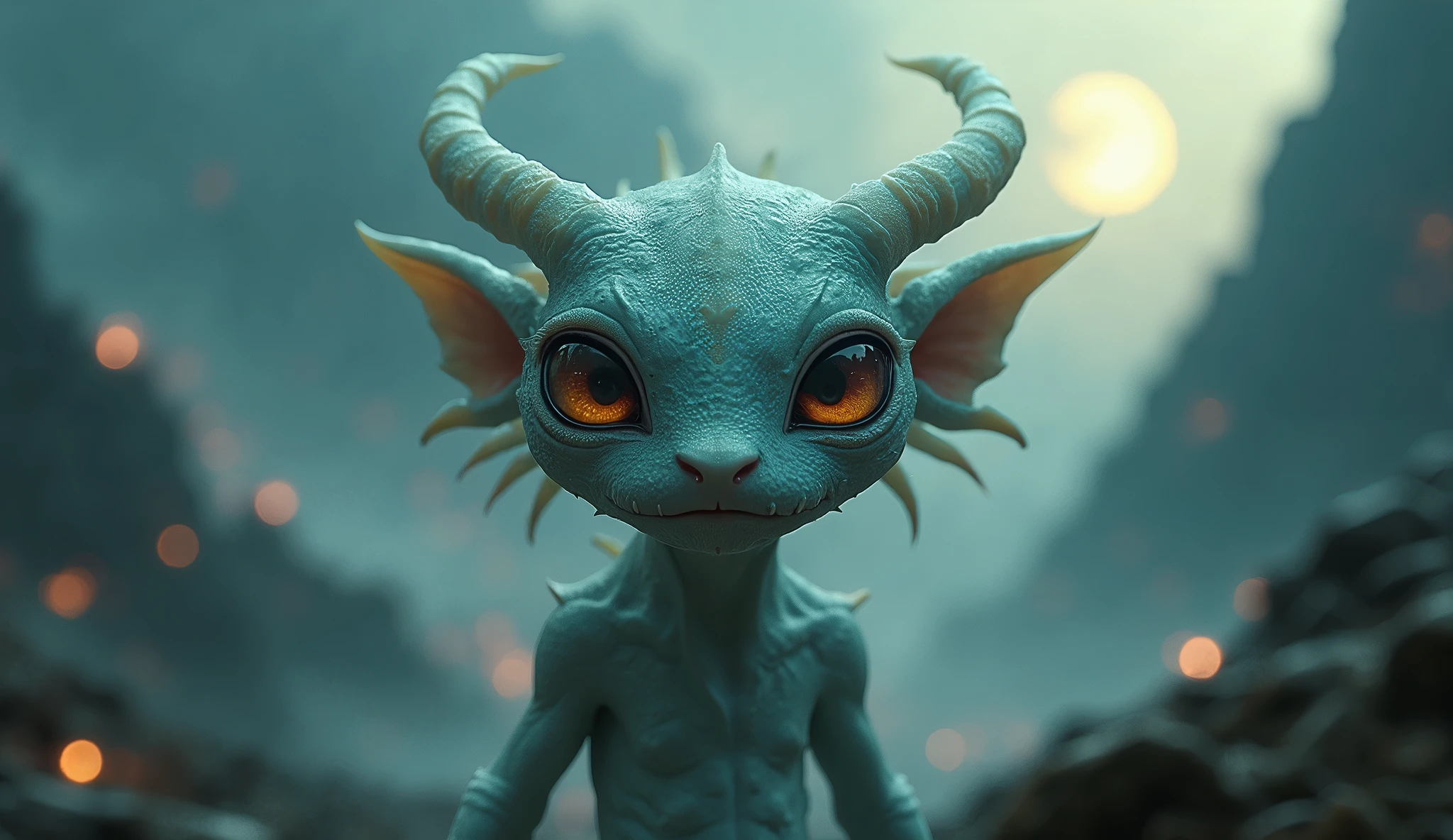 There is a small alien with horns and a big head - SeaArt AI