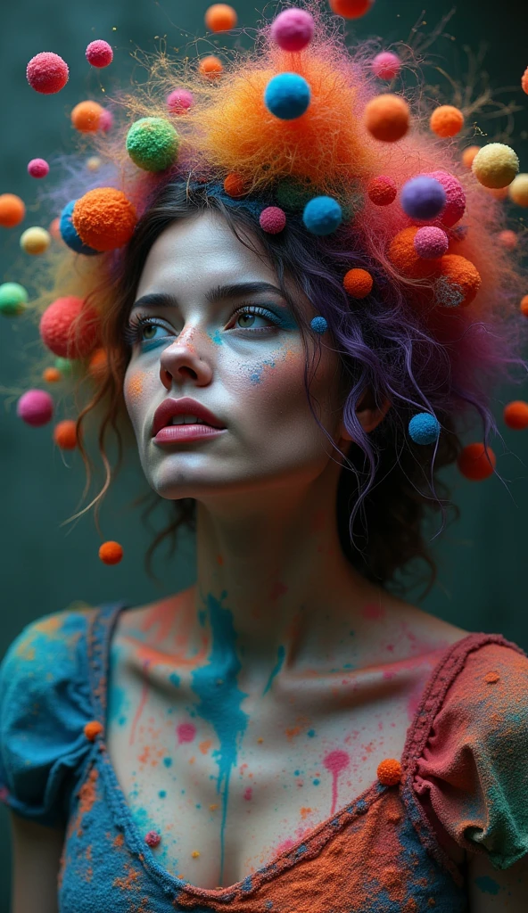 Fantasia loca, demencial, sensual mujer con muchos globos de colores ...
