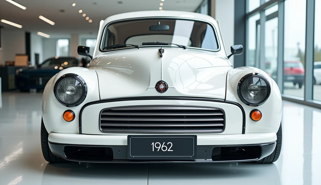 Close front view of a 1962 Morris Minor painted in shiny white color ...