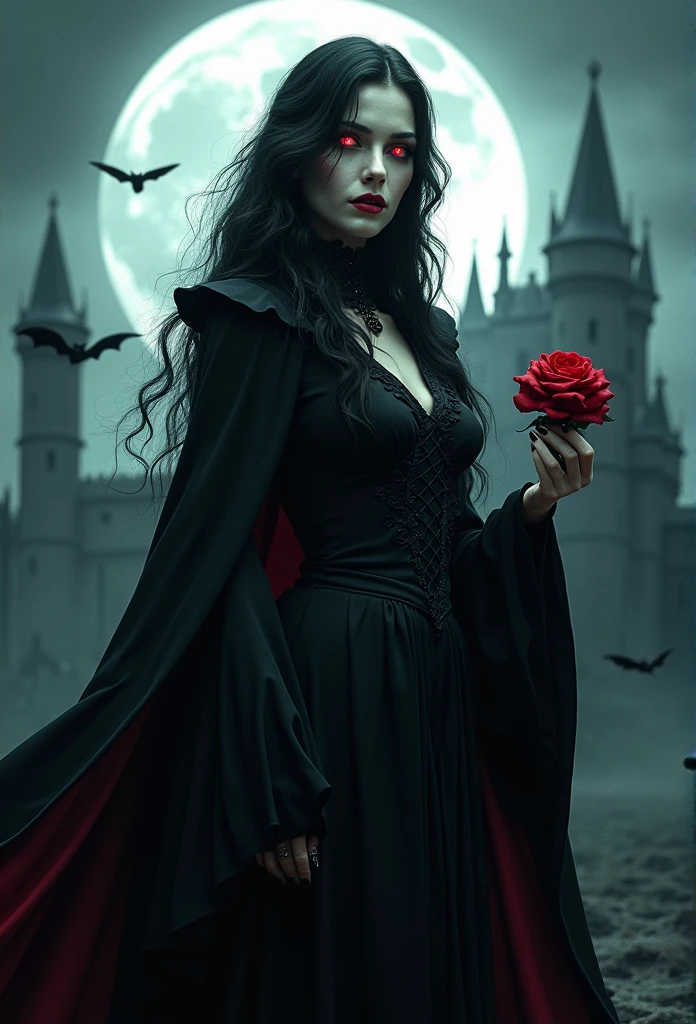 A midnight vision of dark elegance, a lady Dracula stands resolute ...