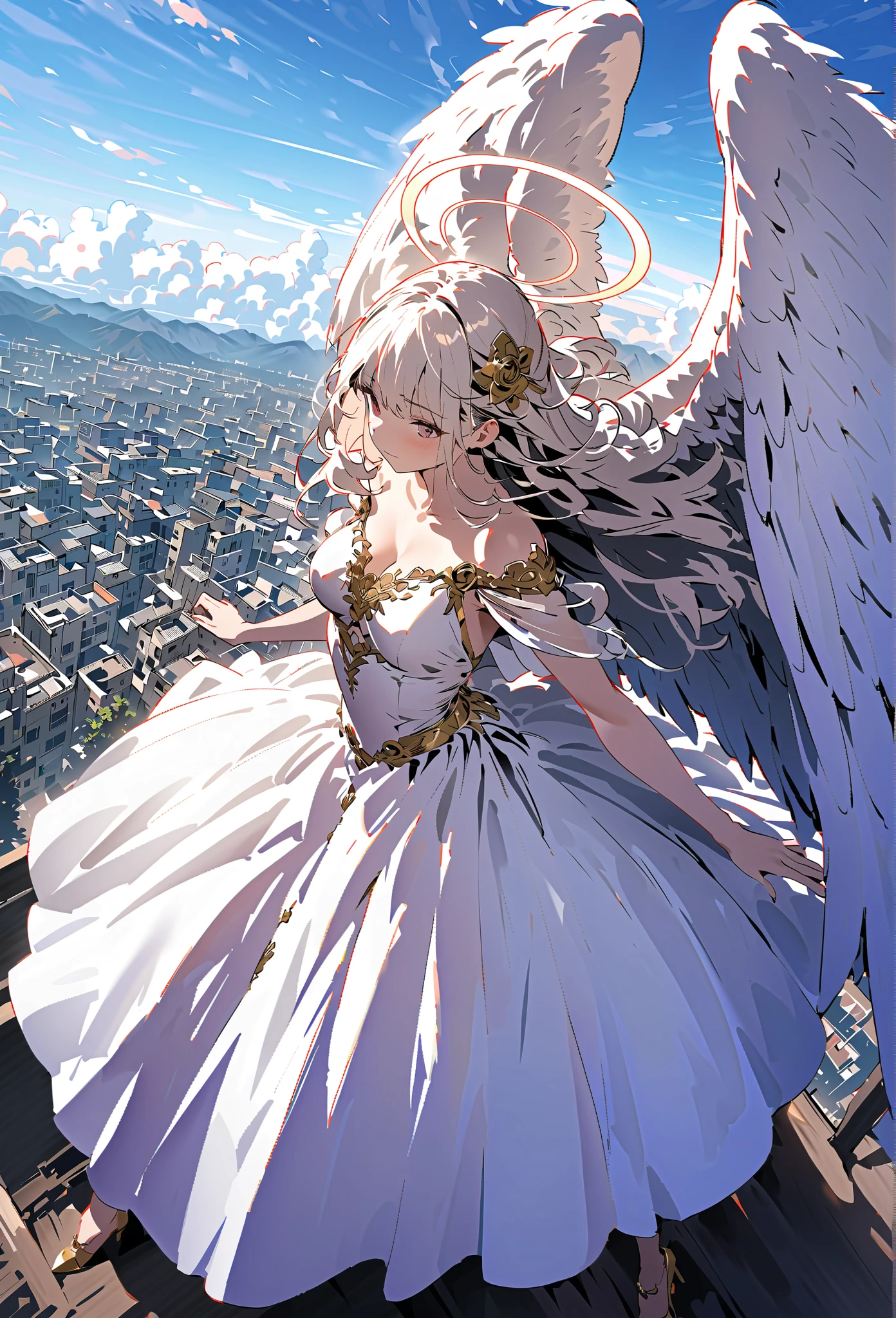 A (back view:1.5) of a very beautiful female angel\(long platinum hair ...