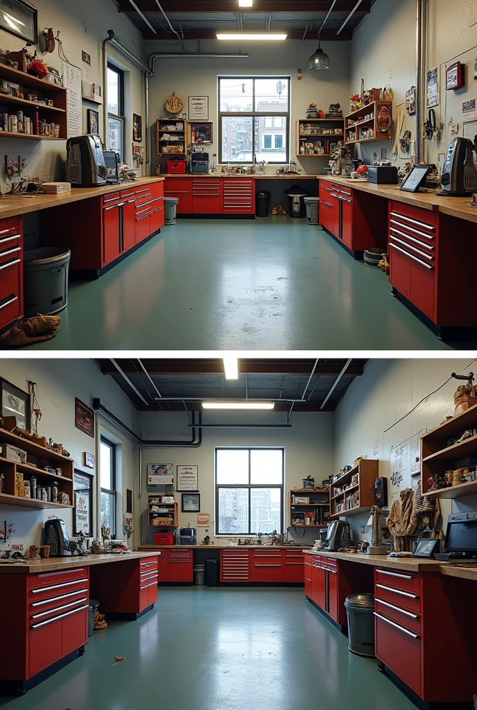 Create two visual representations showing the mechanic shop before and ...