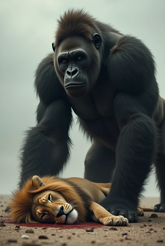 Lion dead And Gorilla stand dead lion body - SeaArt AI